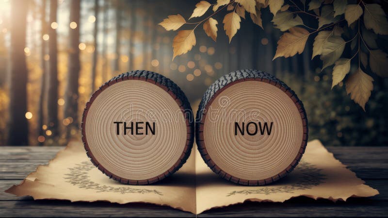 Two Tree Trunk Cross-sections Labeled Then and Now Placed on an Open ...