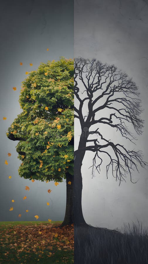 Two Trees Form Human Faces, Symbolizing Contrasting Emotions Against ...