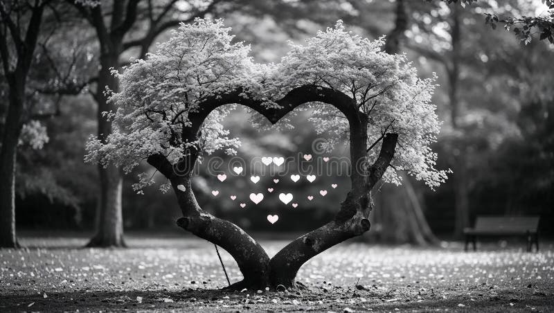 Two Trees Forming Heart Shape with Pink Hearts Floating in Black and ...