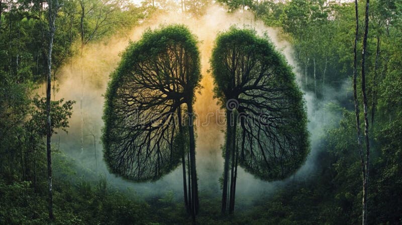 Two Trees Forming Lungs in the Forest at Sunset Stock Illustration ...