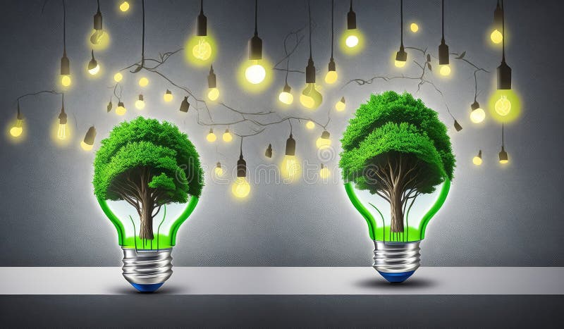 Two Trees Growing through Two Light Bulbs on Background with Glowing ...