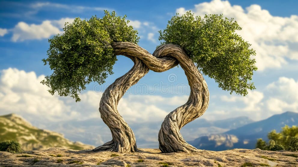 Two Trees with Intertwined Branches Supporting Each Other on a Mountain ...