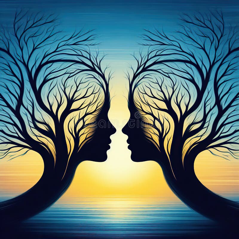 Two Trees Intertwining To Create an Illusion of Two Human Faces Trying ...