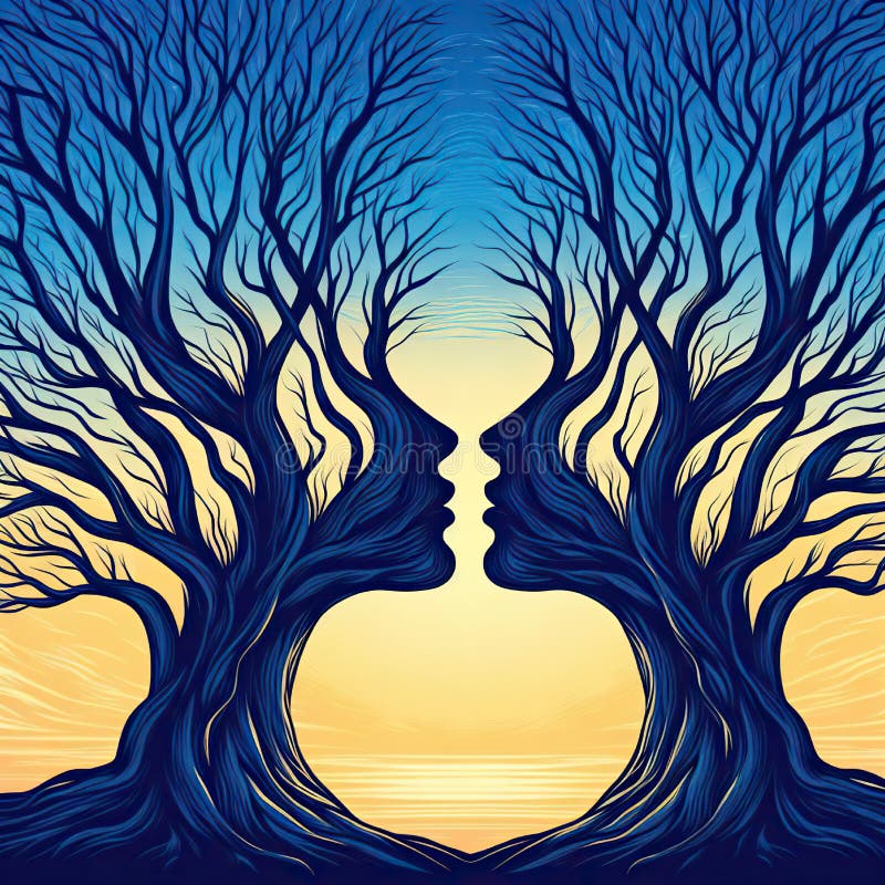 Two Trees Intertwining To Create an Illusion of Two Human Faces Trying ...