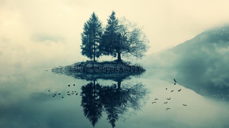 Two Trees on a Misty Lake Island Stock Illustration - Illustration of ...