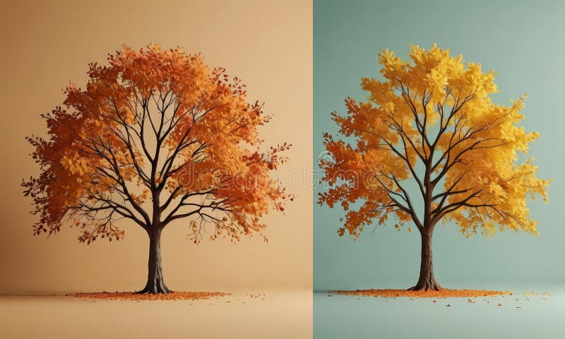 Two Trees, One in Autumn and the Other in Spring, are Depicted in 3D ...