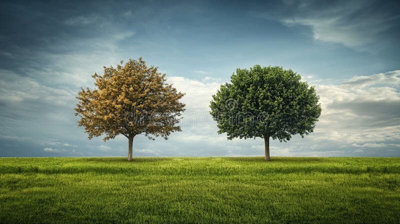 Two Trees, One Green, One Gold, Stand in a Grassy Field Under a ...