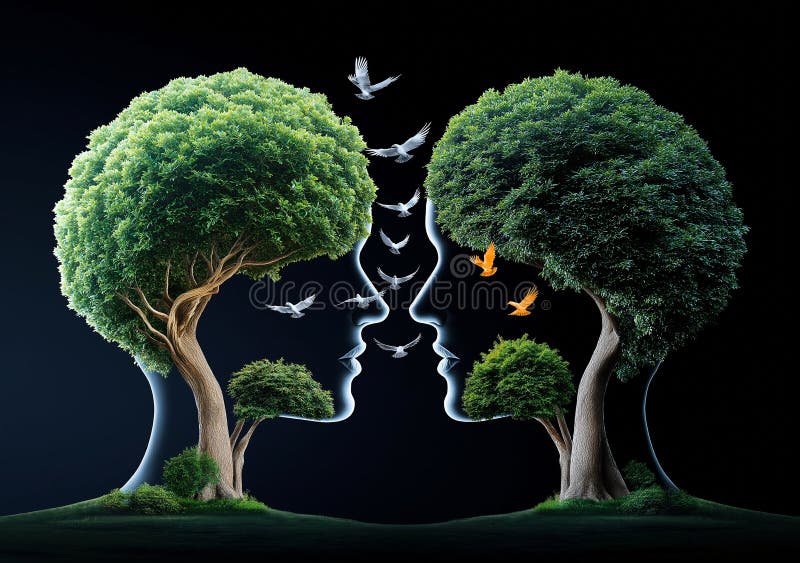 Two Trees Shaped As Human Heads Connect Surrounded by Birds in Flight ...