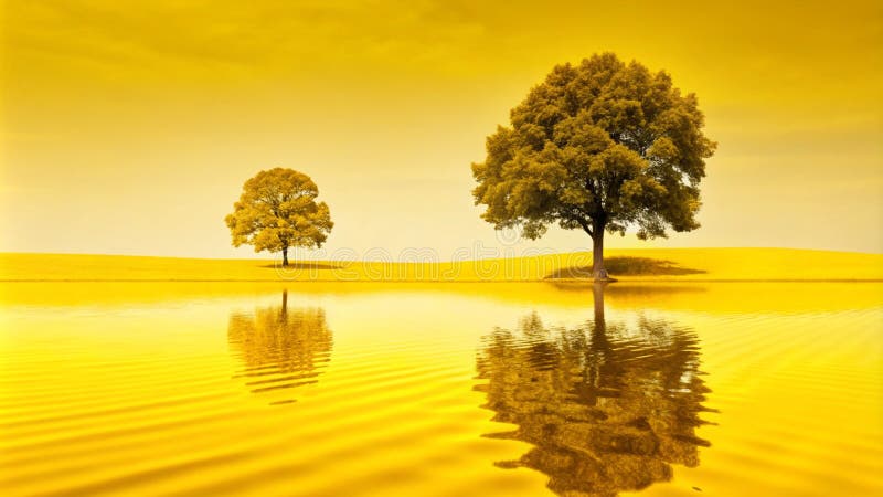 Two Trees Stand Tall in a Golden Field, Their Reflections Mirrored in ...
