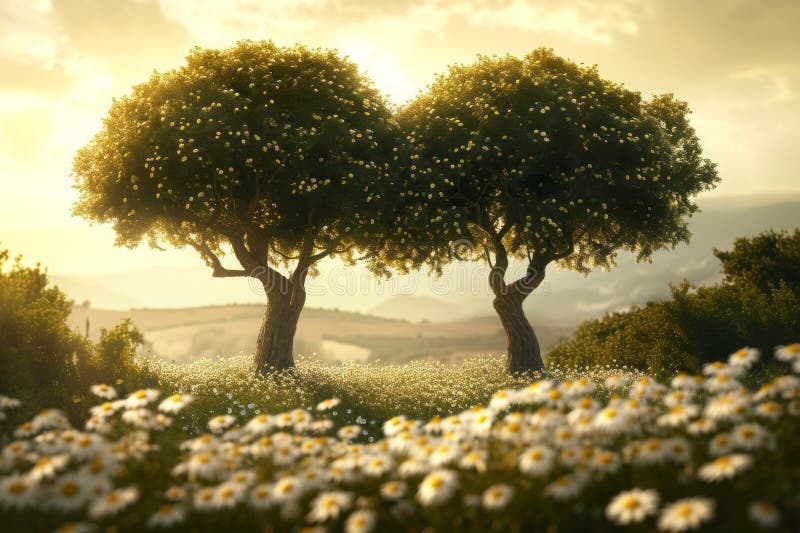 Two Trees Standing in the Grass, Two Intertwined Trees Standing Strong ...