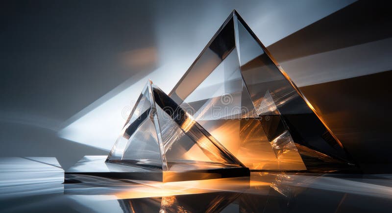 Two Triangular Glass Sculptures are Placed on a Table Stock ...