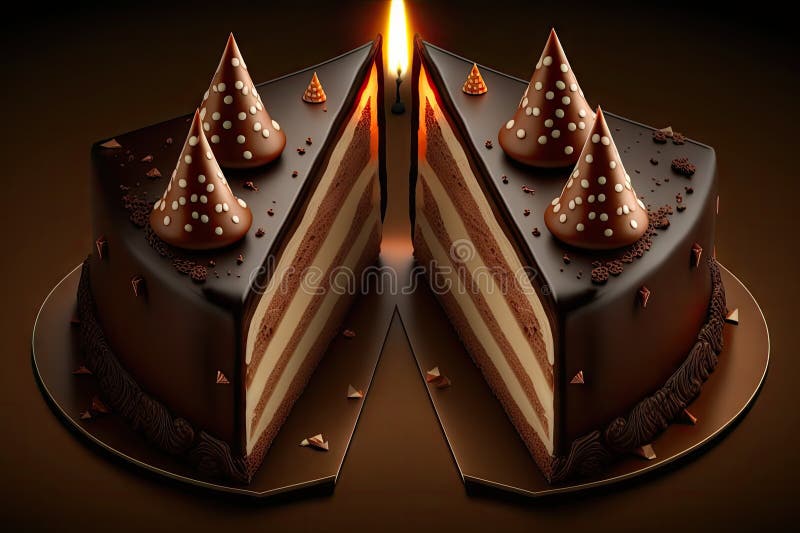 Two Triangular Pieces of Large Chocolate Birthday Cake with Candles ...