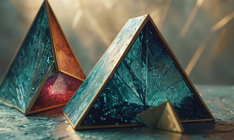 Two Triangular Pyramids, One with Red Gemstone and the Other with Gold ...