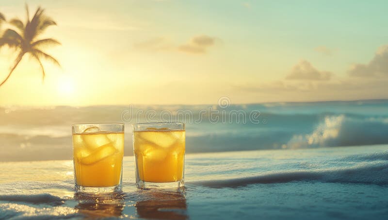 Two Tropical Cocktails on the Beach at Sunset Refreshing Drinks by Ocean Waves Stock ...