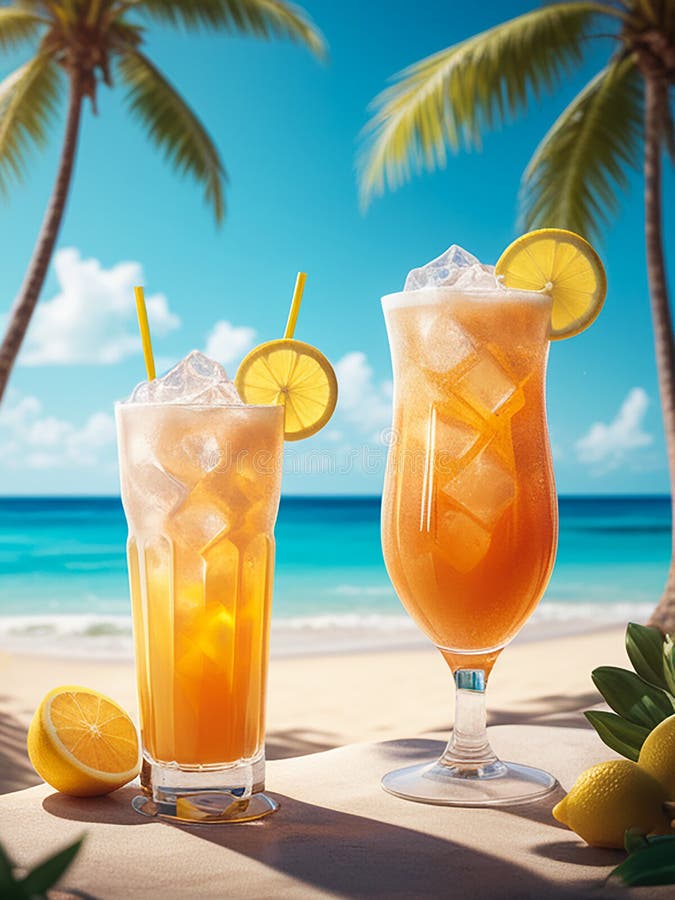 Two Tropical Drinks with Lemon in Front of a Sunny Beach Backdrop Stock ...