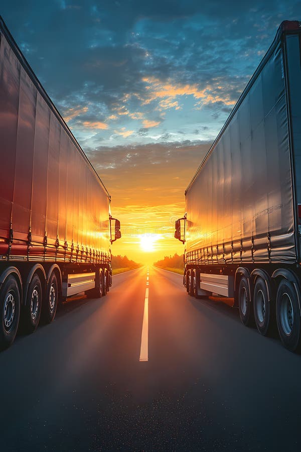 Trucks Driving on the Highway at Sunset Illuminating the Road Ahead ...