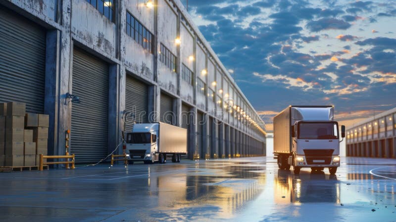 Two Trucks Parked Outside an Industrial Warehouse with Rolling Doors ...