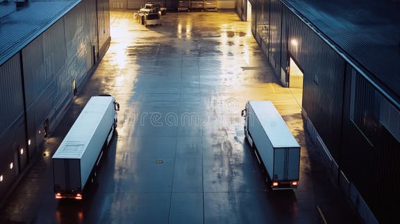 Two Trucks in Warehouse Loading Area during Evening Rain Stock Image ...