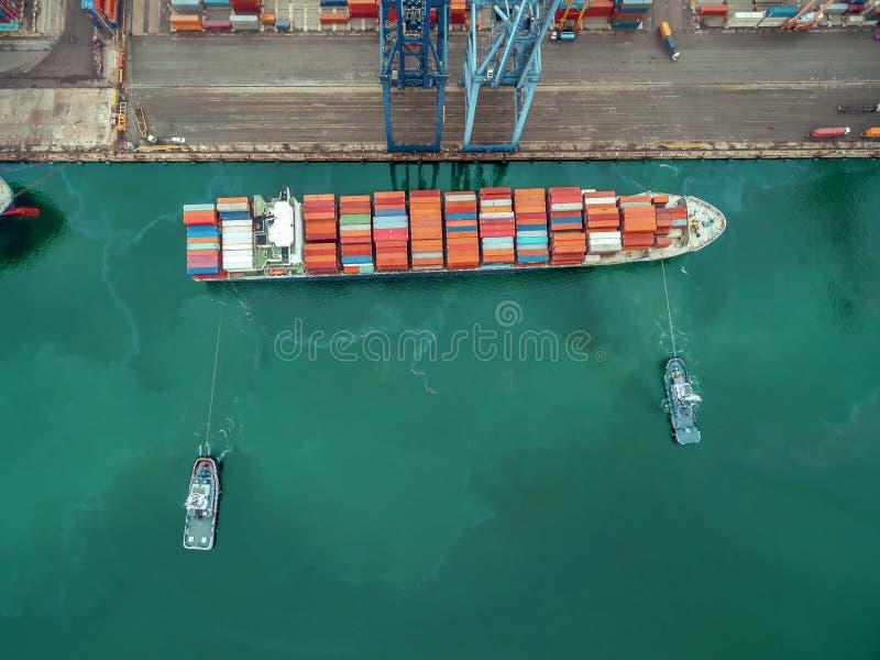 Two Tug Boat Towing Cargo Container in Warehouse Harbor at Thailand ...