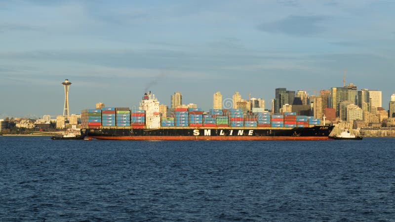 Two Tugs Guide SM Line Container Ship Qingdao Past Seattle Space Needle ...