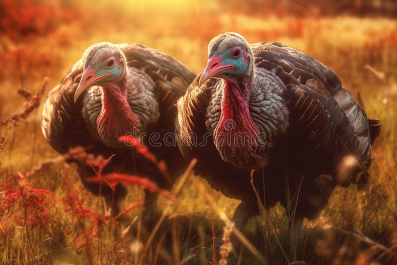Two Turkeys in the Grass, Generative Ai Stock Illustration ...