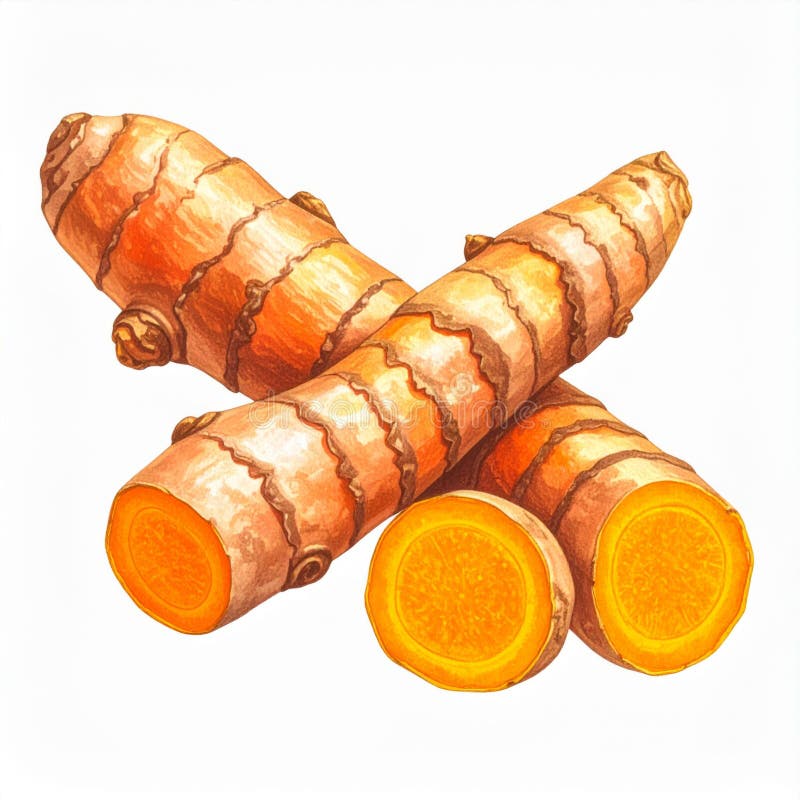 Two Turmeric Roots, One Sliced, on White Background Stock Image ...