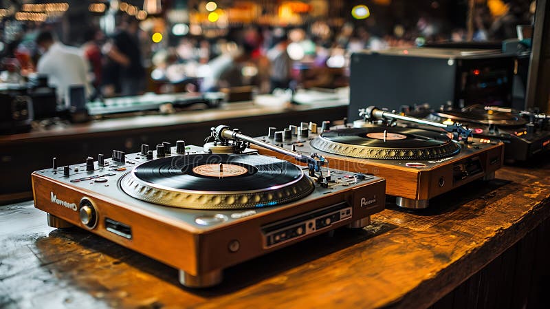 Two Turntables on Wooden Surface at a Busy Bar Stock Illustration ...