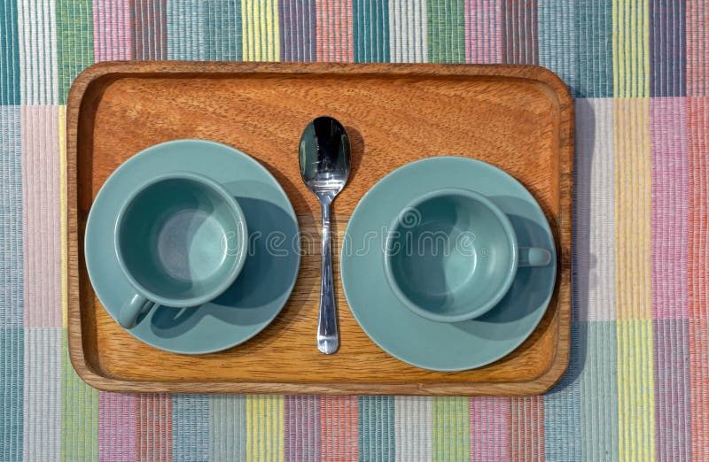 Two Turquoise Coffee Cups on a Wooden Tray Stock Image - Image of ...