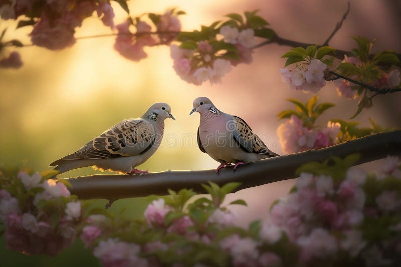 Two Turtle Doves on Tree Branch with Pink Flowers Stock Illustration ...