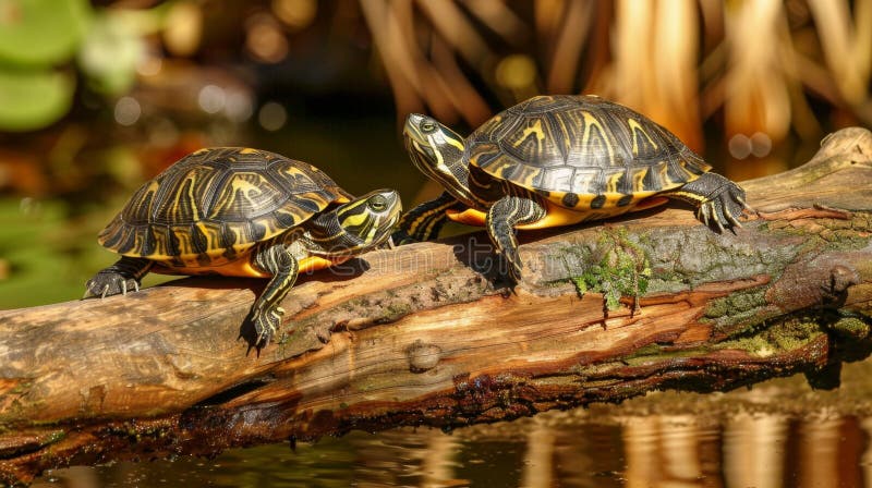 Two Turtles Basking on a Sunlit Log by the Water Stock Illustration ...