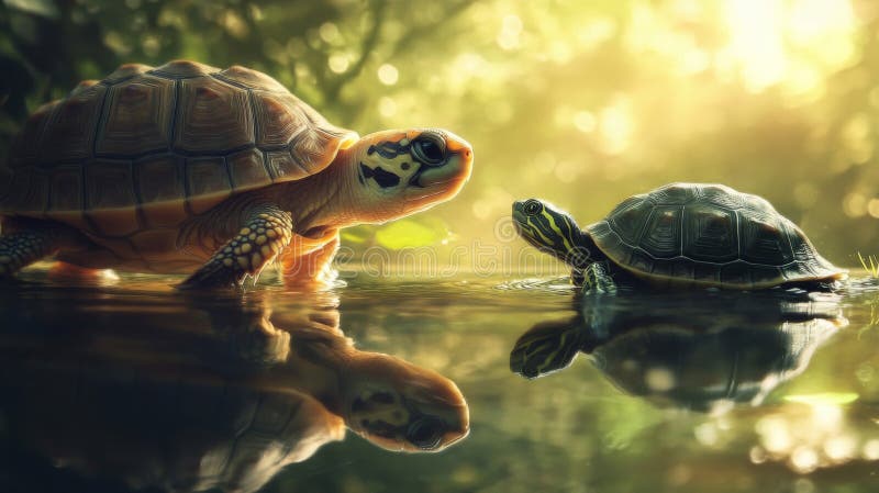 Two Turtles Meeting in a Sunlit Pond Stock Illustration - Illustration ...