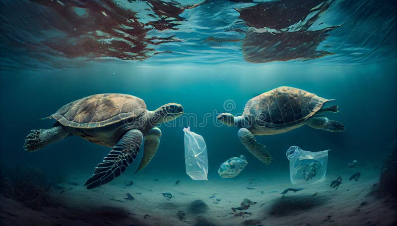 Two Turtles and Plastic Bags Underwater, Zero Waste and World Ocean ...