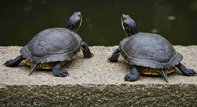 Two Turtles Rest on a Textured Stone Surface. Their Dark, Patterned ...