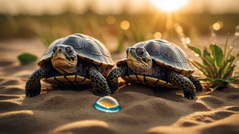 Golden Hour Turtle Duo on Sandy Beach Stock Illustration - Illustration ...