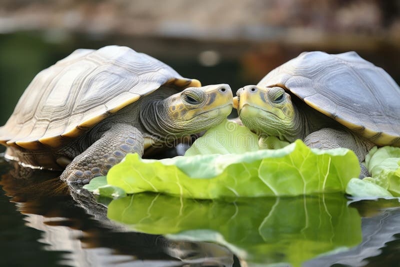 Two Turtles Sharing a Single Leaf of Lettuce Stock Image - Image of ...