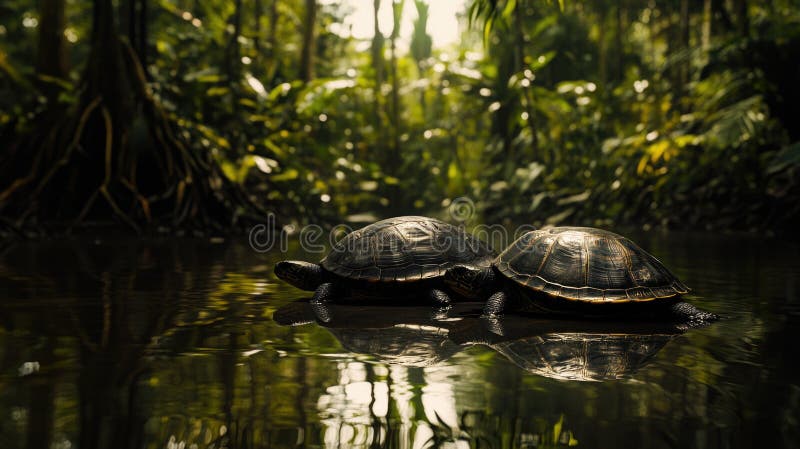 Two Turtles Sitting on a Surface of Calm Water Stock Image - Image of ...