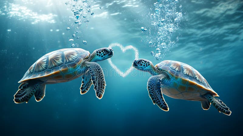 Two Turtles Swimming Together with Small Bubbles Forming a Heart Shape ...