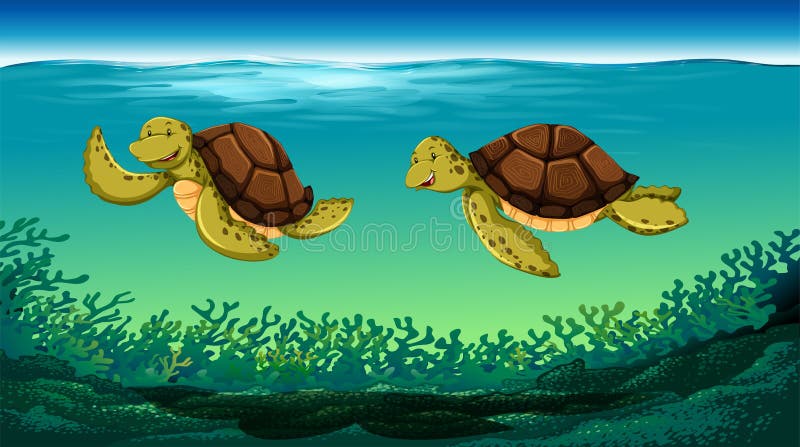 Two Turtles Swimming Under the Sea Stock Vector - Illustration of ...