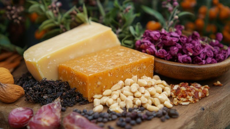 Two Types of Aged Cheese with Nuts and Spices on Wooden Board Stock ...