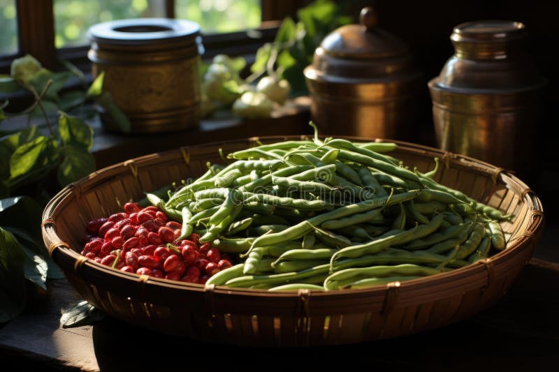 Two Types of Beans and Raw Pea in Wood Stock Illustration ...