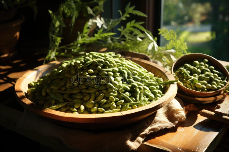 Two Types of Beans and Raw Pea in Wood Stock Illustration ...