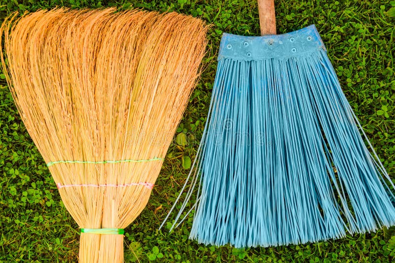 Two Types of Broom, Traditional from Twigs of Bushes and Plastic Stock ...
