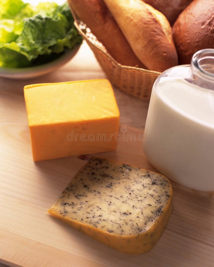 Two Types of Cheese with Milk and Bread Stock Photo - Image of calcium ...