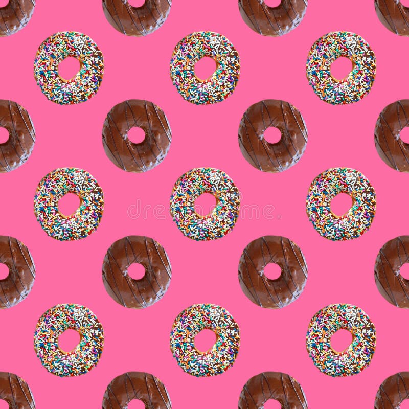 Two Types of Chocolate Glazed Donuts Pattern on Pink Background Stock ...