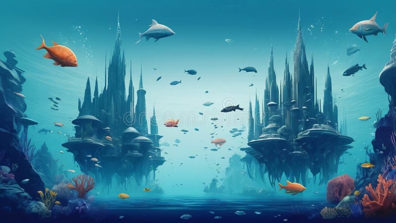 Two Underwater Cities with Fish and Coral Stock Illustration ...