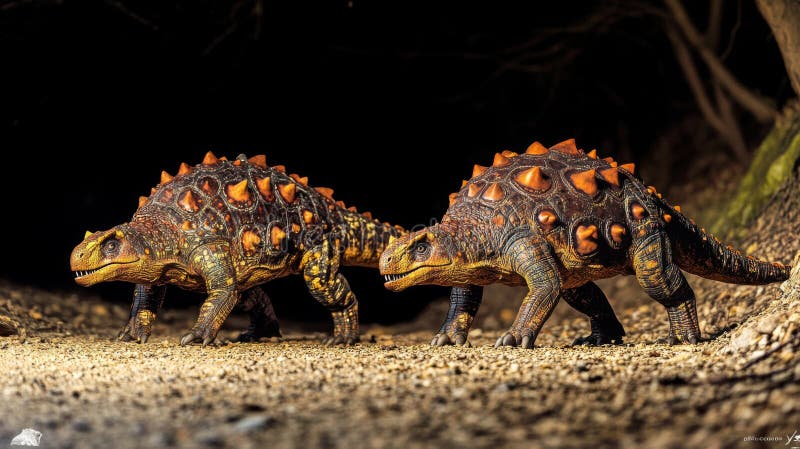 Two Unique Prehistoric Creatures Moving through a Forest. Their ...