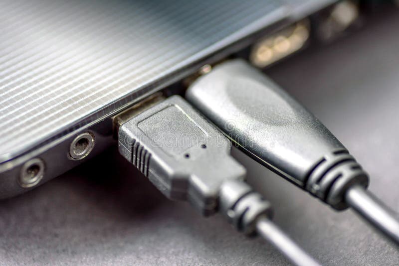 Two Usb Cables Connected To Laptop Closeup View Stock Image - Image of ...