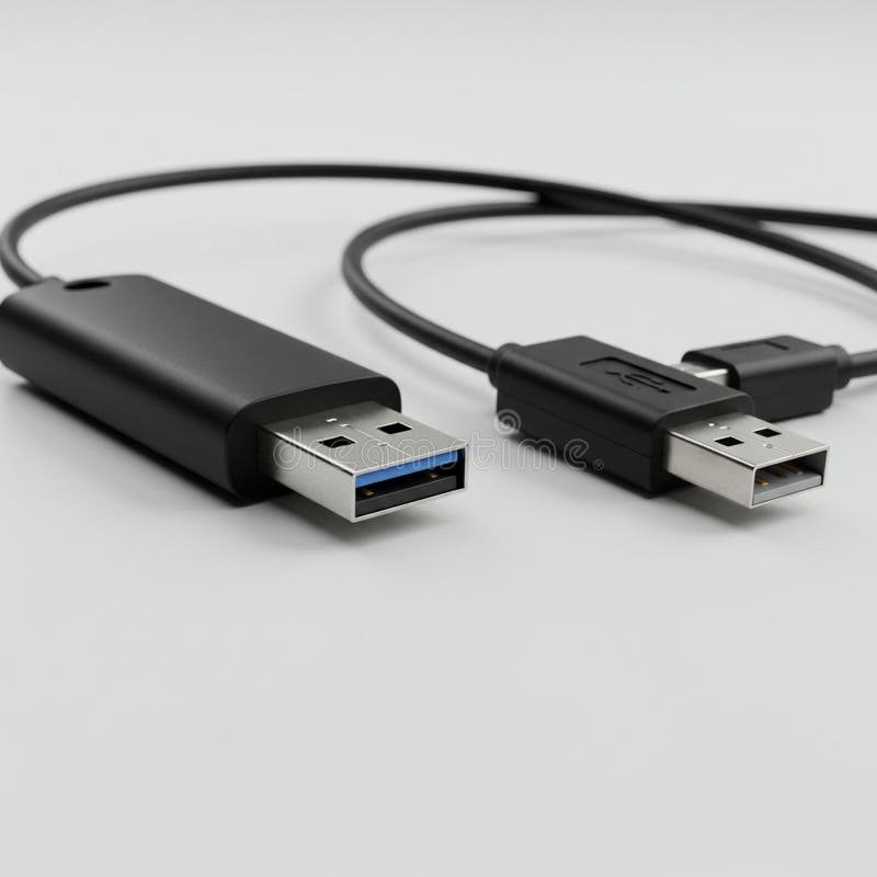 Two USB Connectors are Connected by a Black Cable. One End Features a ...