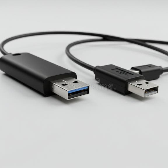 Two USB Connectors are Connected by a Black Cable. One End Features a ...
