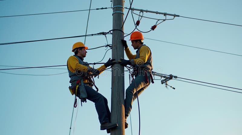 Utility Workers Safely Climbing a Power Pole with Protective Gear Stock ...